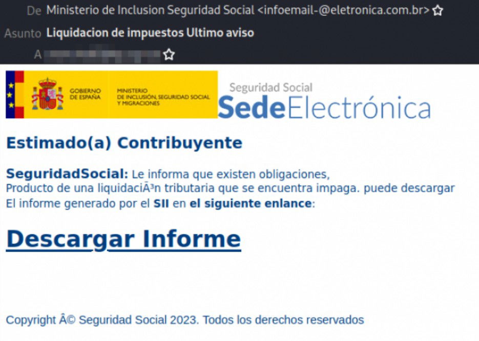 email scam Spain impersonates Social Security infect device